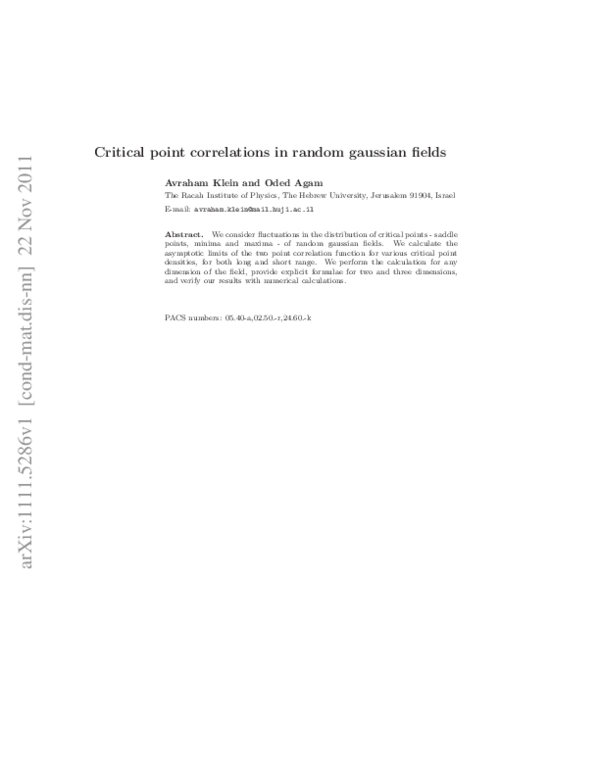 (PDF) Correlation of Critical Points in Random Gaussian Fields