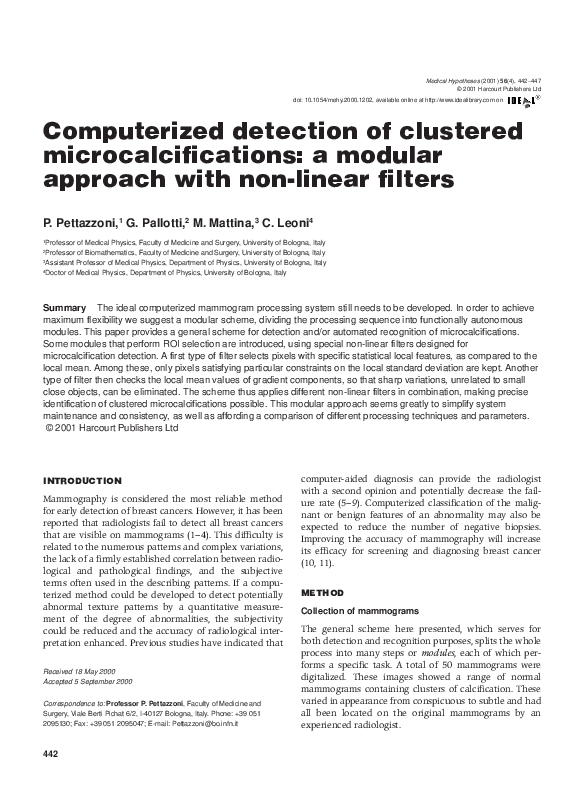 Pdf Computerized Detection Of Clustered Microcalcifications In Digital Mammograms Using A