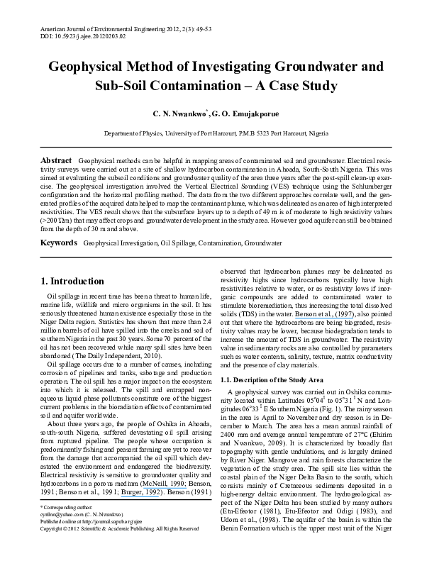 (PDF) Geophysical Method of Investigating Groundwater and Sub-Soil Contamination – A Case Study