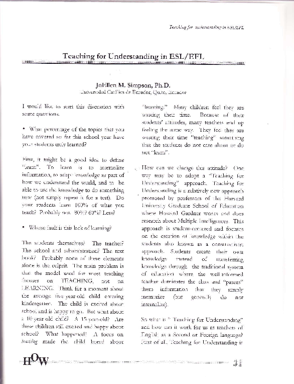 (PDF) Simpson, JoEllen M. (2002). Teaching for understanding in ESL/EFL ...