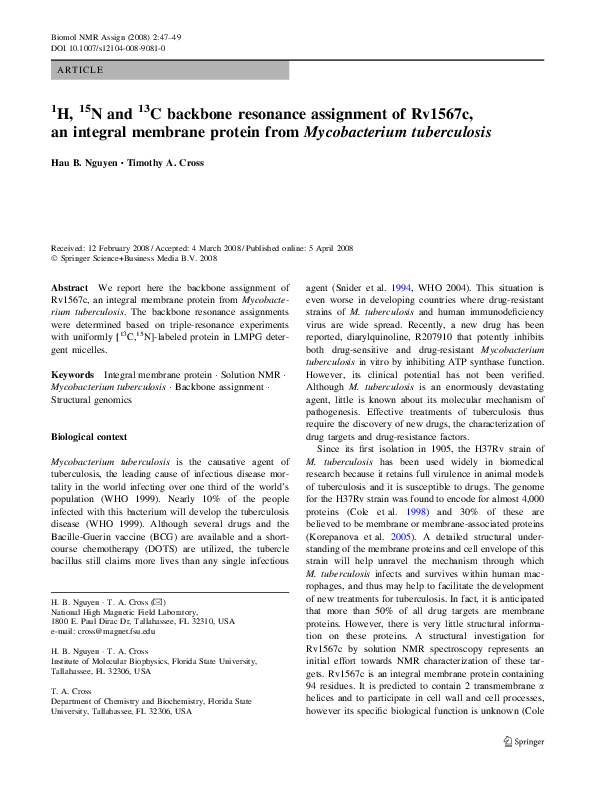 Pdf 1 H 15 N And 13 C Backbone Resonance Assignment Of Rv1567c An Integral Membrane Protein