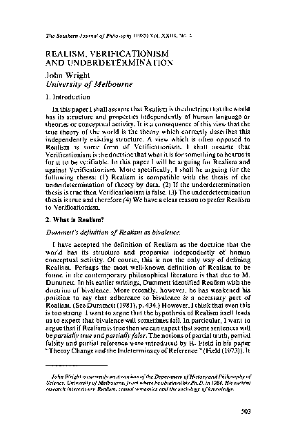(PDF) REALISM, VERIFICATIONISM AND UNDERDETERMINATION