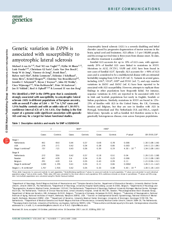 (PDF) Genetic variation in DPP6 is associated with susceptibility to amyotrophic lateral sclerosis