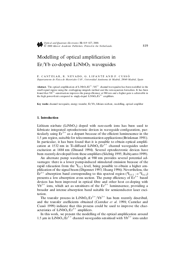 (PDF) Modelling of optical amplification in Er/Yb co-doped LiNbO3 waveguides