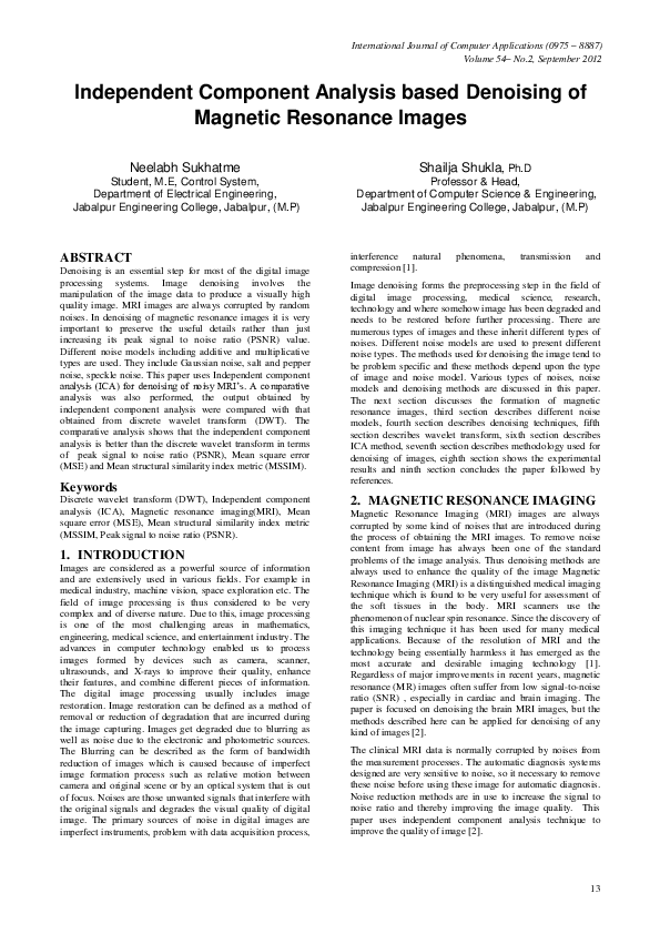 (PDF) Independent Component Analysis based Denoising of Magnetic Resonance Images