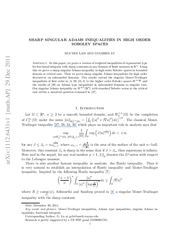 (PDF) Sharp singular Adams inequalities in high order Sobolev spaces