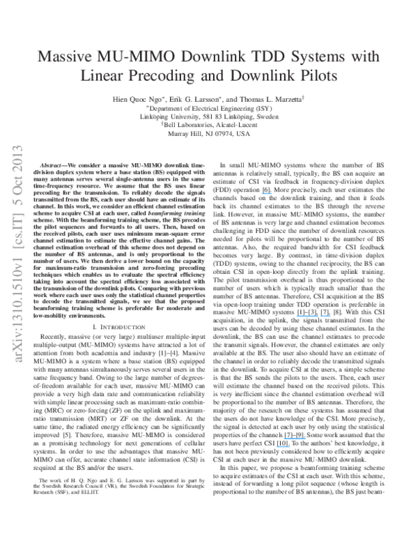 Pdf Massive Mu Mimo Downlink Tdd Systems With Linear Precoding And Downlink Pilots