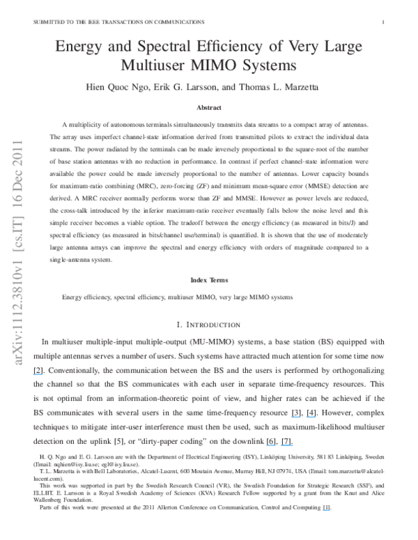 (PDF) Energy and Spectral Efficiency of Very Large Multiuser MIMO Systems