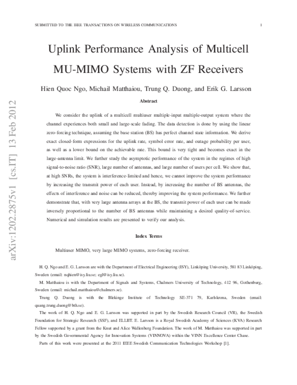 Pdf Uplink Performance Analysis Of Multicell Mu Simo Systems With Zf