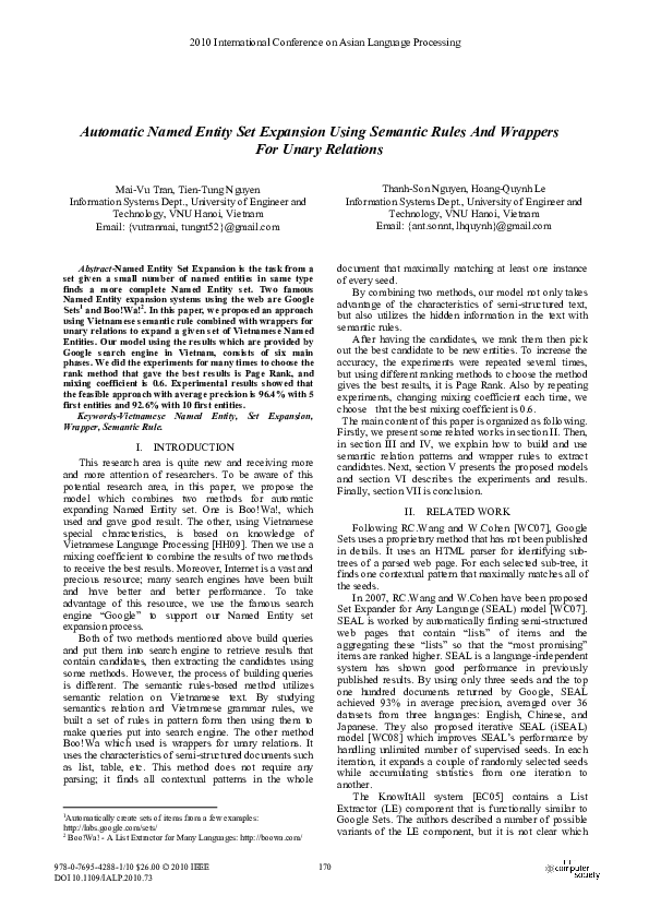 (PDF) Automatic Named Entity Set Expansion Using Semantic Rules and Wrappers for Unary Relations