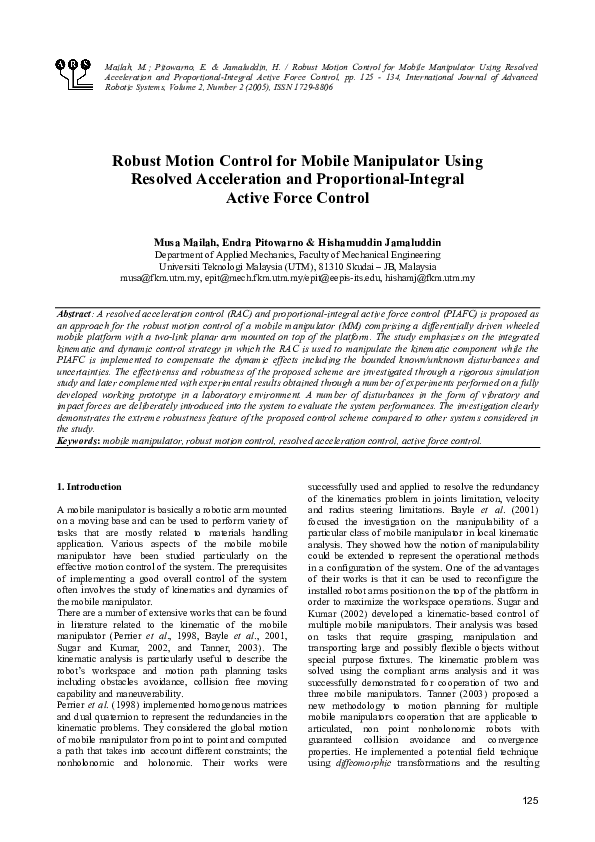 Pdf Robust Motion Control For Mobile Manipulator Using Resolved Acceleration And Proportional