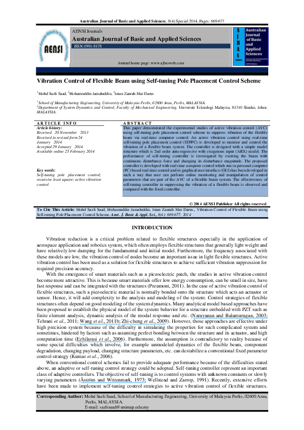 Pdf Vibration Control Of Flexible Beam Using Self Tuning Pole Placement Control Scheme