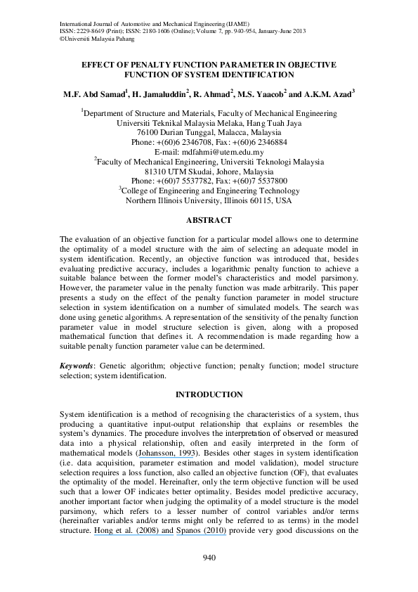 Pdf Effect Of Penalty Function Parameter In Objective Function Of System Identification