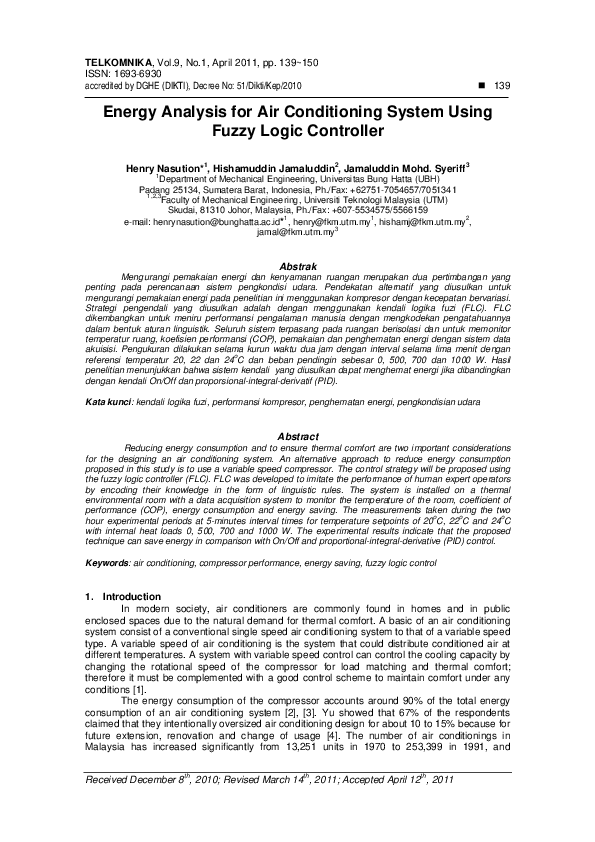 (PDF) Energy Analysis for Air Conditioning System Using Fuzzy Logic Controller