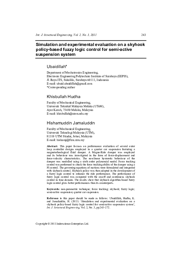 Pdf Simulation And Experimental Evaluation On A Skyhook Policy Based Fuzzy Logic Control For
