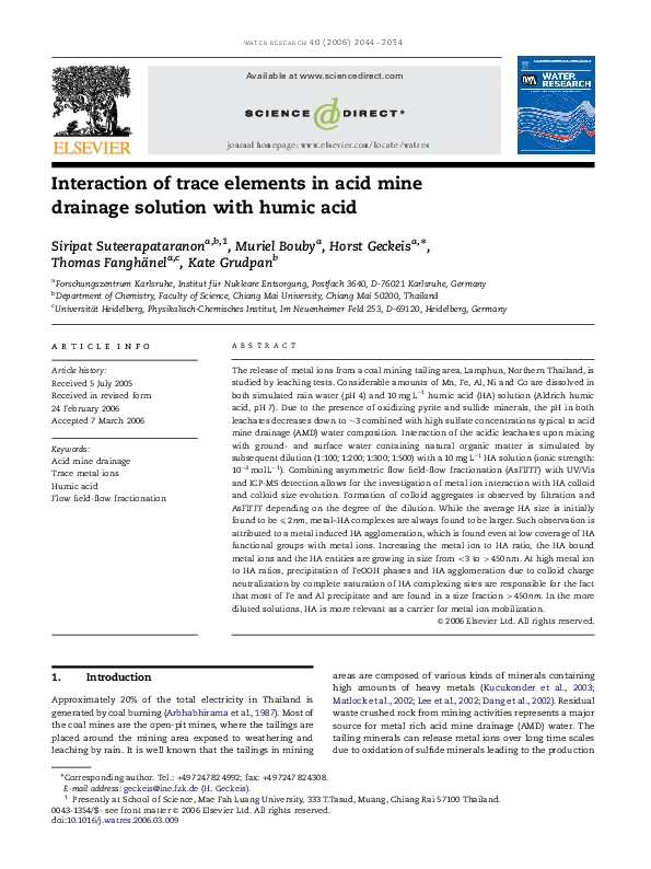 (PDF) Interaction of trace elements in acid mine drainage solution with ...