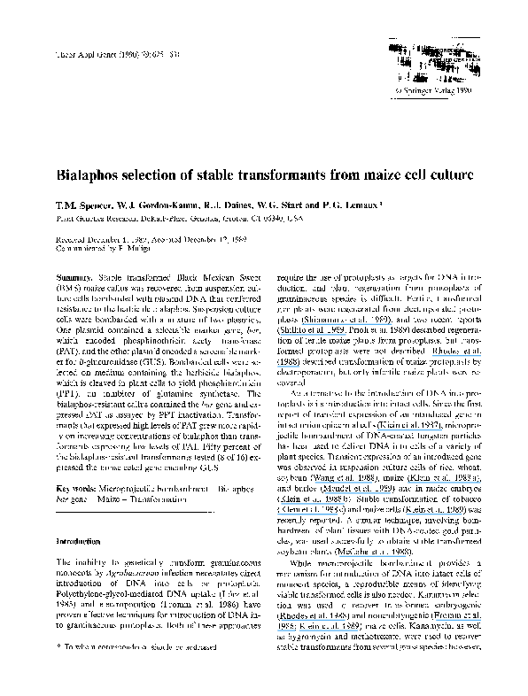 (PDF) Bialaphos selection of stable transformants from maize cell ...
