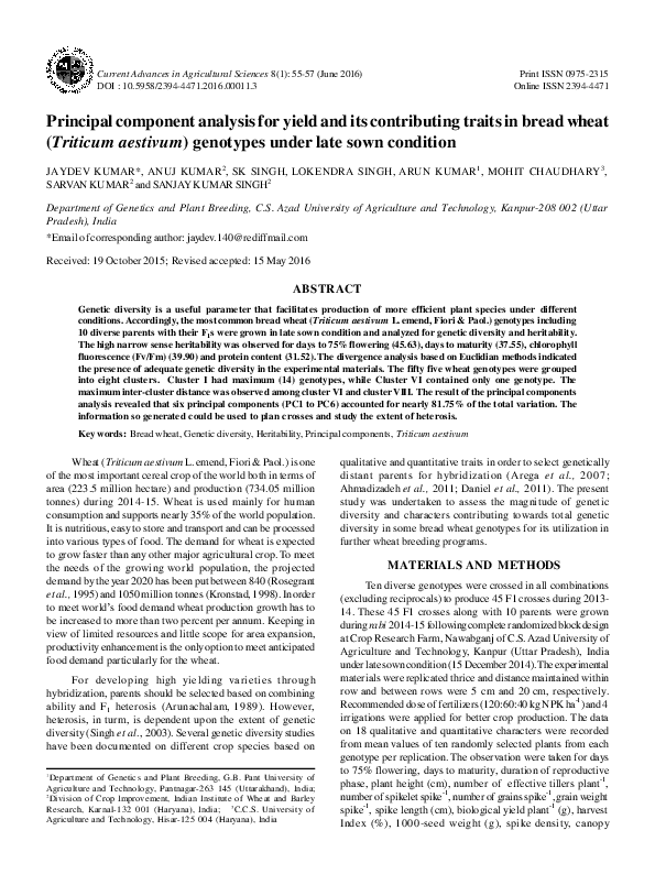 Pdf Principal Component Analysis For Yield And Its Contributing