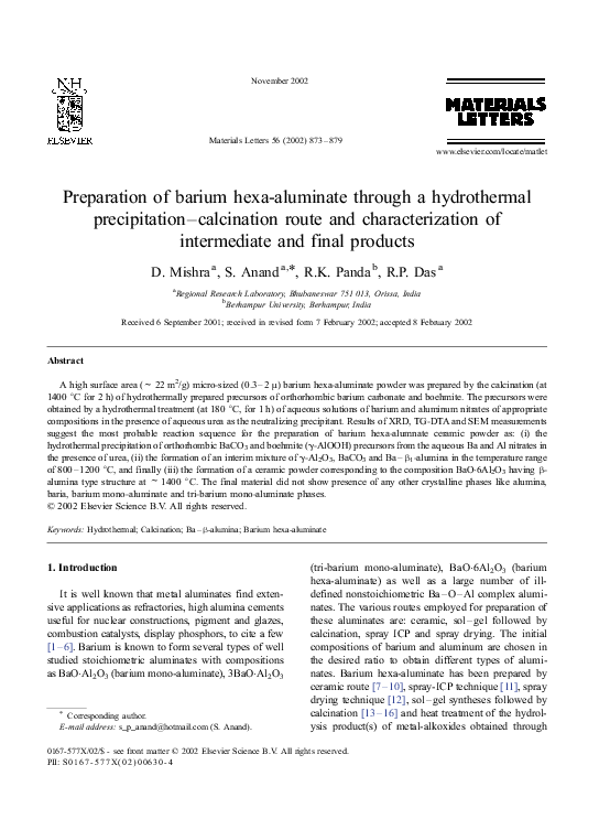 (PDF) Preparation of barium hexa-aluminate through a hydrothermal ...