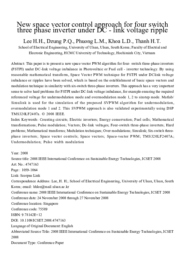 Pdf New Space Vector Control Approach For Four Switch Three Phase Inverter Fstpi