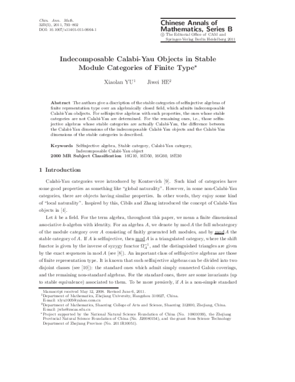 (PDF) Indecomposable Calabi-Yau objects in stable module categories of finite type