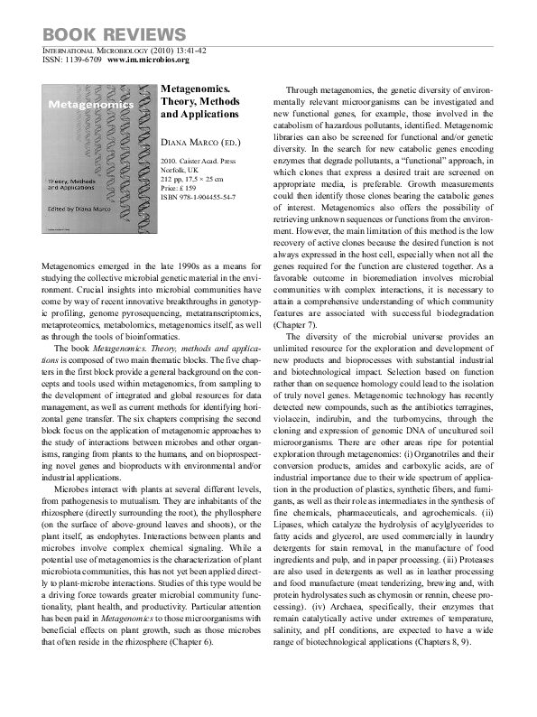 (PDF) Metagenomics: Theory, methods, and applications