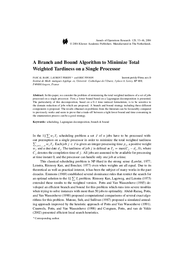(PDF) A Branch and Bound Algorithm to Minimize Total Weighted Tardiness on a Single Processor