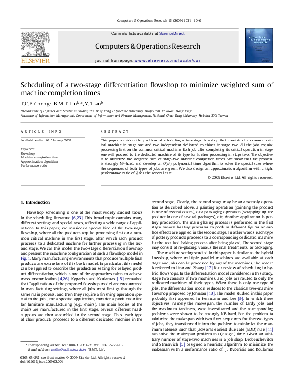 (PDF) Scheduling of a two-stage differentiation flowshop to minimize weighted sum of machine ...
