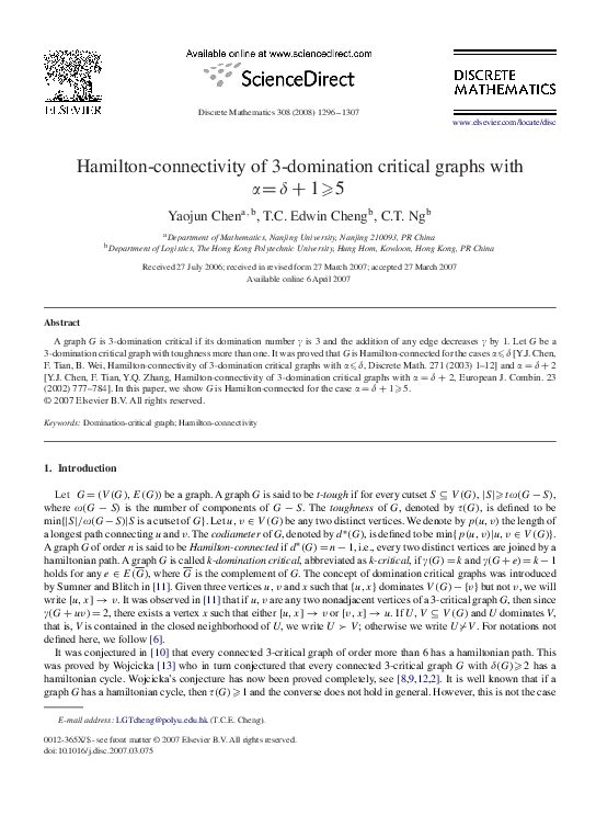 (PDF) Hamilton-connectivity of 3-domination critical graphs with a = d ...