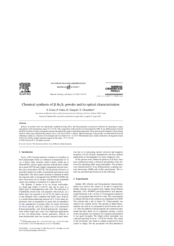 (PDF) Chemical synthesis of β-In2S3 powder and its optical characterization