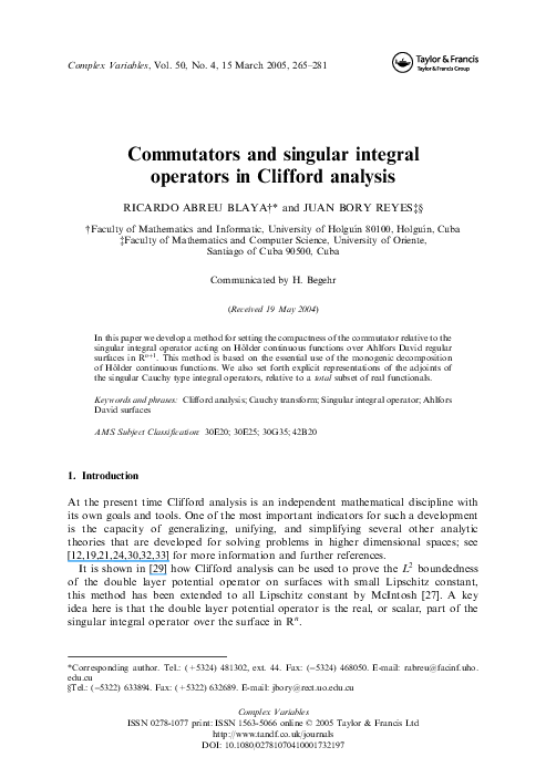 Pdf Commutators And Singular Integral Operators In Clifford Analysis