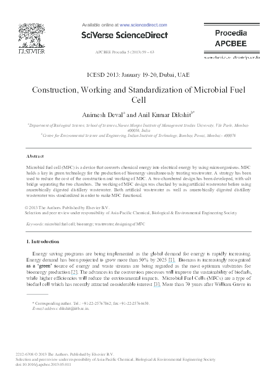 (PDF) Construction, Working and Standardization of Microbial Fuel Cell