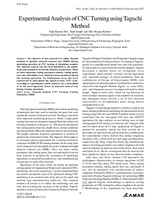 Pdf Experimental Analysis Of Cnc Turning Using Taguchi Method