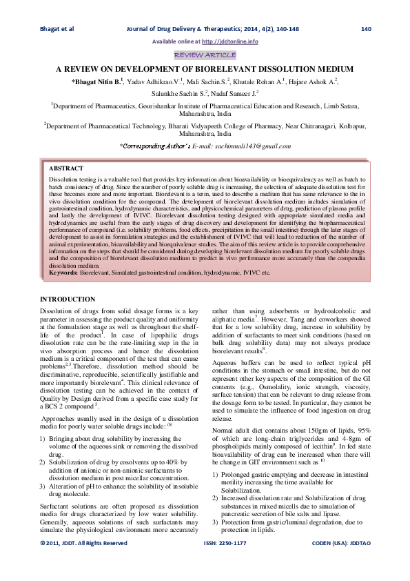 (PDF) A review on development of biorelevant dissolution medium