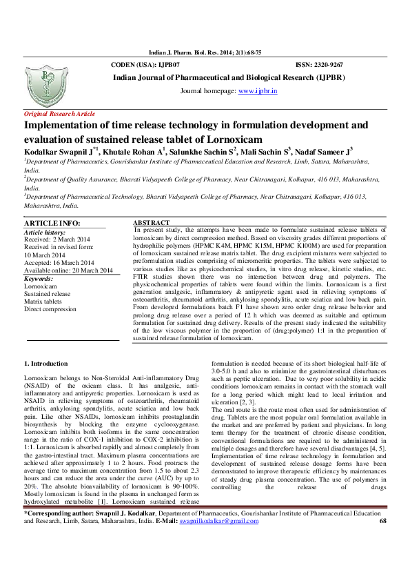 Pdf Implementation Of Time Release Technology In Formulation Development And Evaluation Of