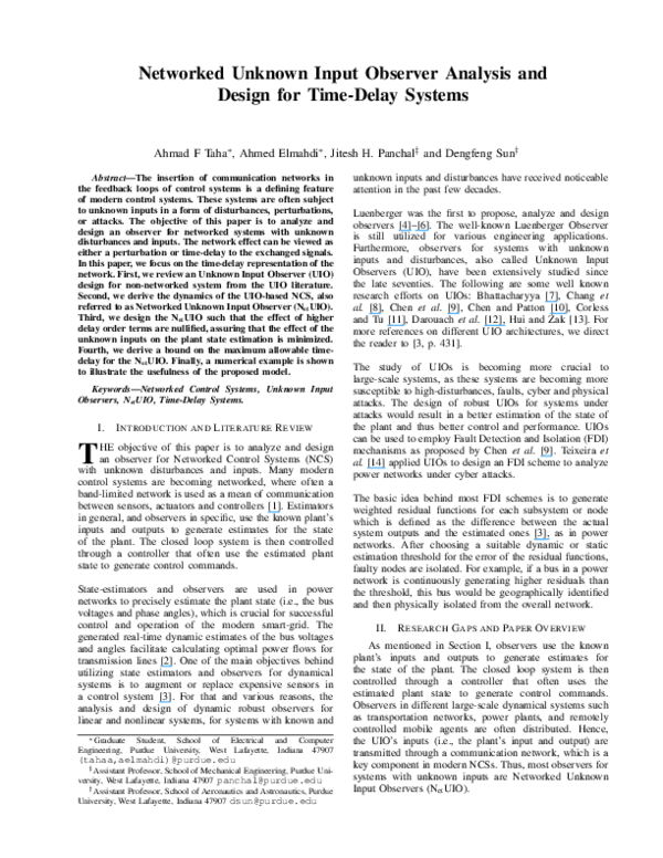 Pdf Networked Unknown Input Observer Analysis And Design For Time