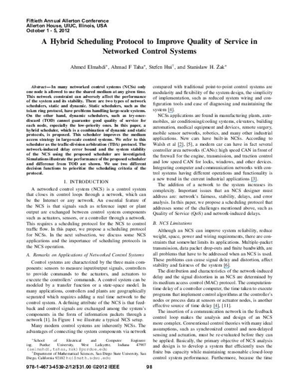 Pdf A Hybrid Scheduling Protocol To Improve Quality Of Service In Networked Control Systems
