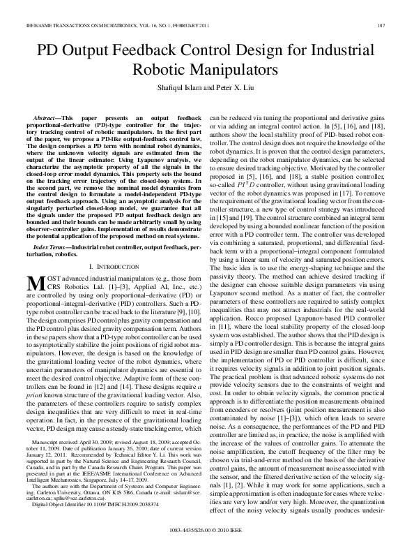 (PDF) PD Output Feedback Control Design for Industrial Robotic Manipulators