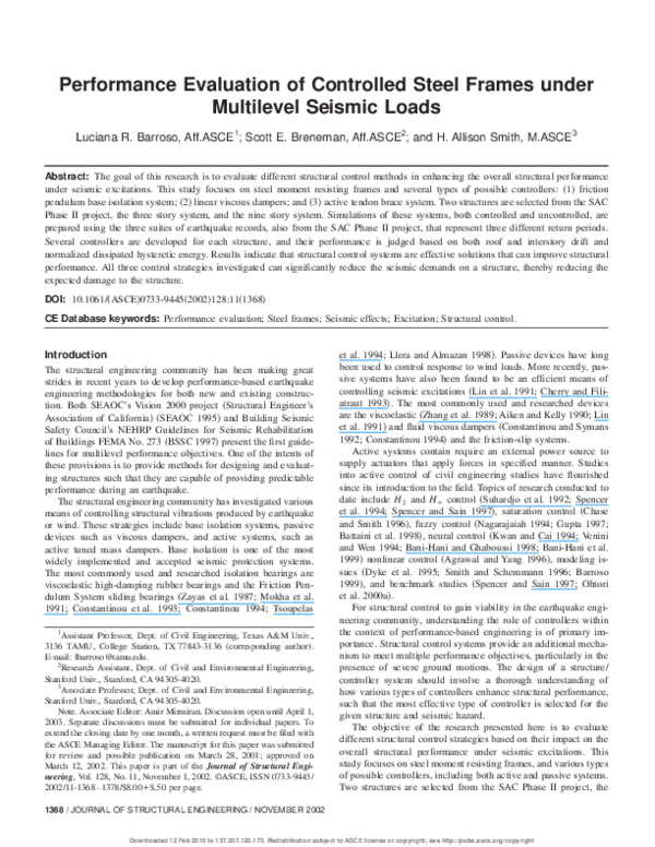 (PDF) Performance Evaluation of Controlled Steel Frames under ...