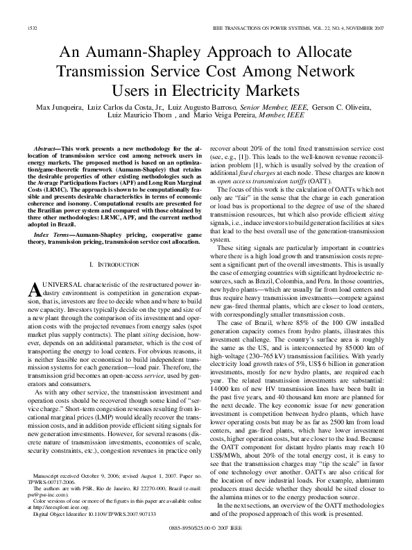 (PDF) An Aumann-Shapley Approach to Allocate Transmission Service Cost Among Network Users in ...