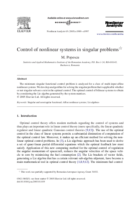 Pdf Control Of Nonlinear Systems In Singular Problems