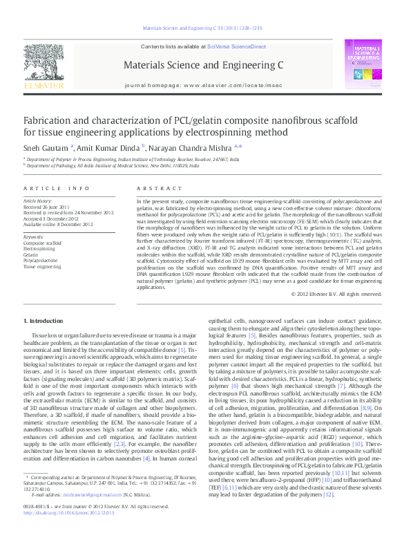 (PDF) Fabrication and characterization of PCL/gelatin/chitosan ternary nanofibrous composite ...