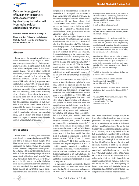 (PDF) Defining heterogeneity of human non-metastatic breast cancer ...