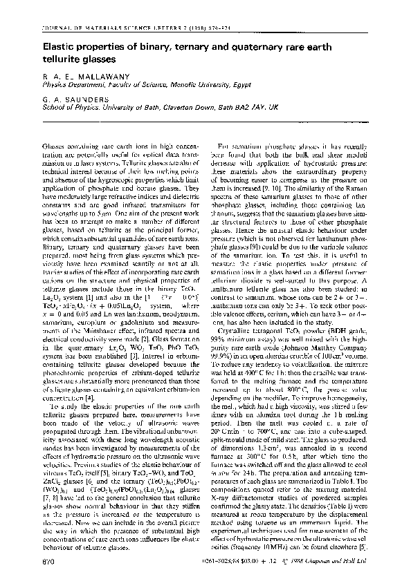 Pdf Elastic Properties Of Binary Ternary And Quaternary Rare Earth