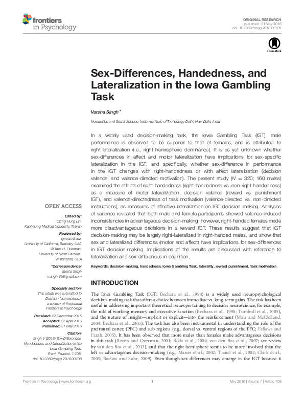 (PDF) Sex-Differences, Handedness, and Lateralization in the Iowa ...