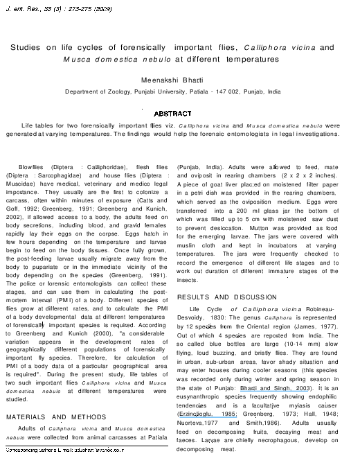 (PDF) Studies on life cycles of forensically important flies ...