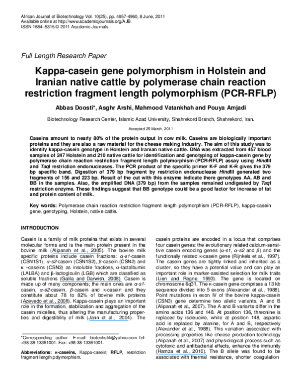 (PDF) Kappa-casein gene polymorphism in Holstein and Iranian native ...