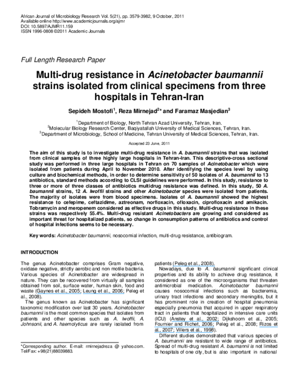 (PDF) Antibiotic resistance patterns and the prevalence of ESBLs among strains of Acinetobacter ...