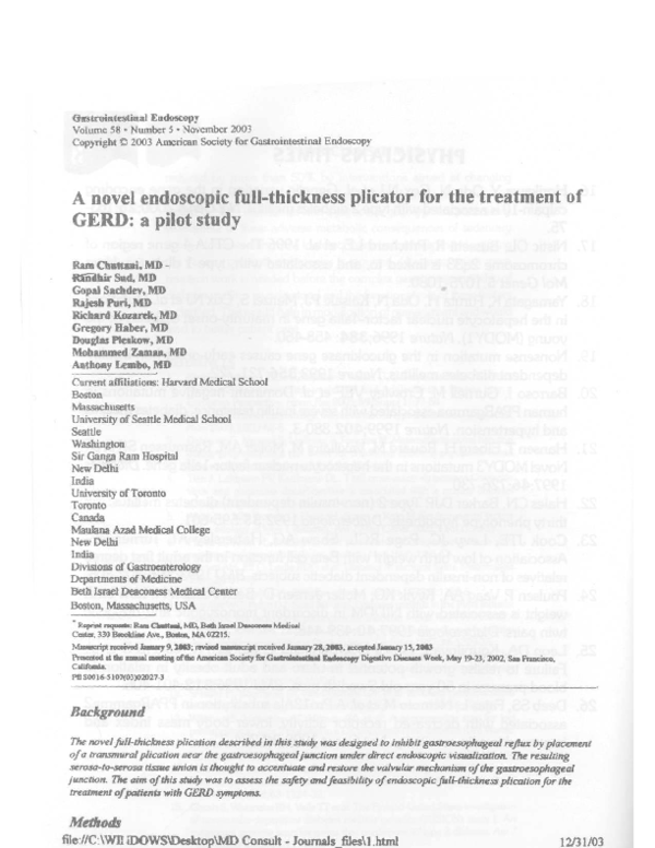 (PDF) A novel endoscopic full-thickness plicator for treatment of GERD ...