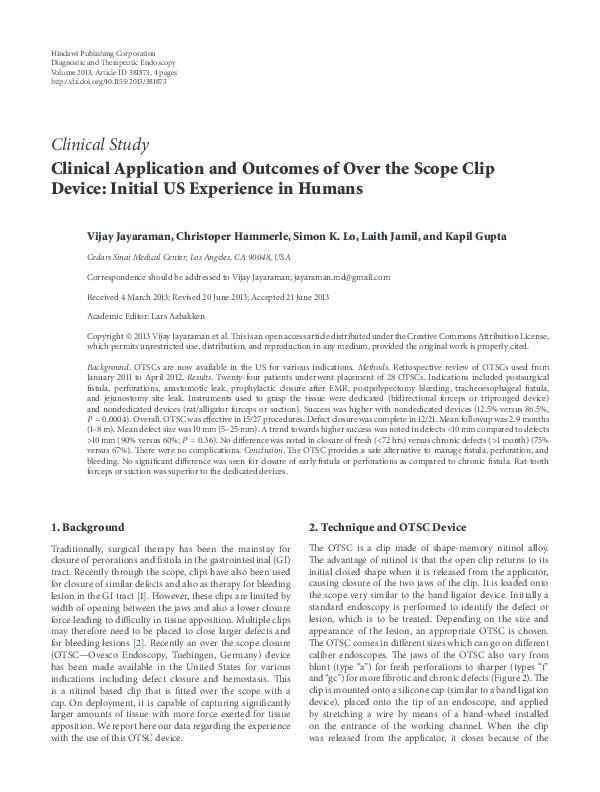(PDF) Clinical Application and Outcomes of Over the Scope Clip Device ...